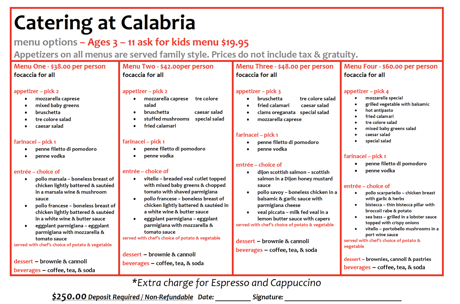 Catering Menus | Calabria Restaurant & Pizzeria